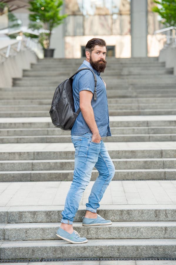 Bearded Man Tourist with Backpack. Tourist with Beard Stock Image ...