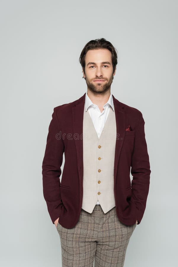 Bearded Man in Vest and Red Stock Photo - Image of grey, isolated ...