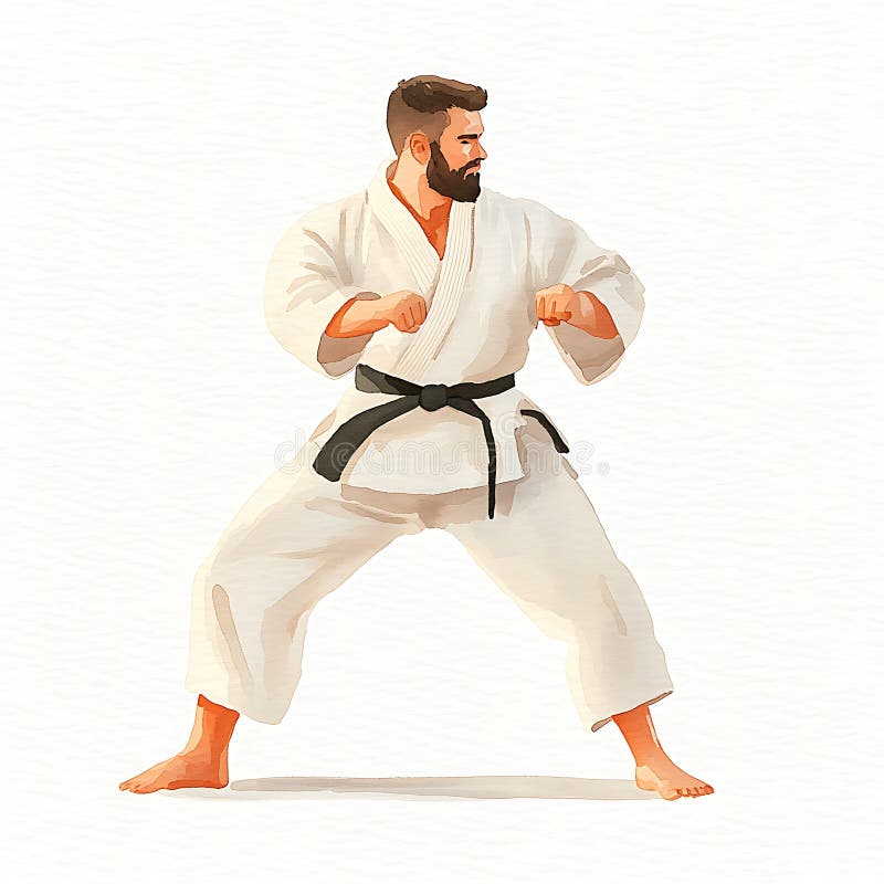 Bearded Man in White Karate Gi Executing a Fighting Stance Stock ...