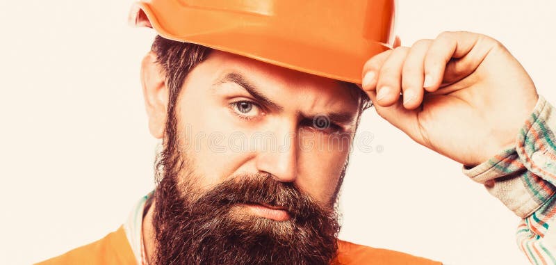 Bearded Man Worker with Beard in Building Helmet or Hard Hat Stock ...