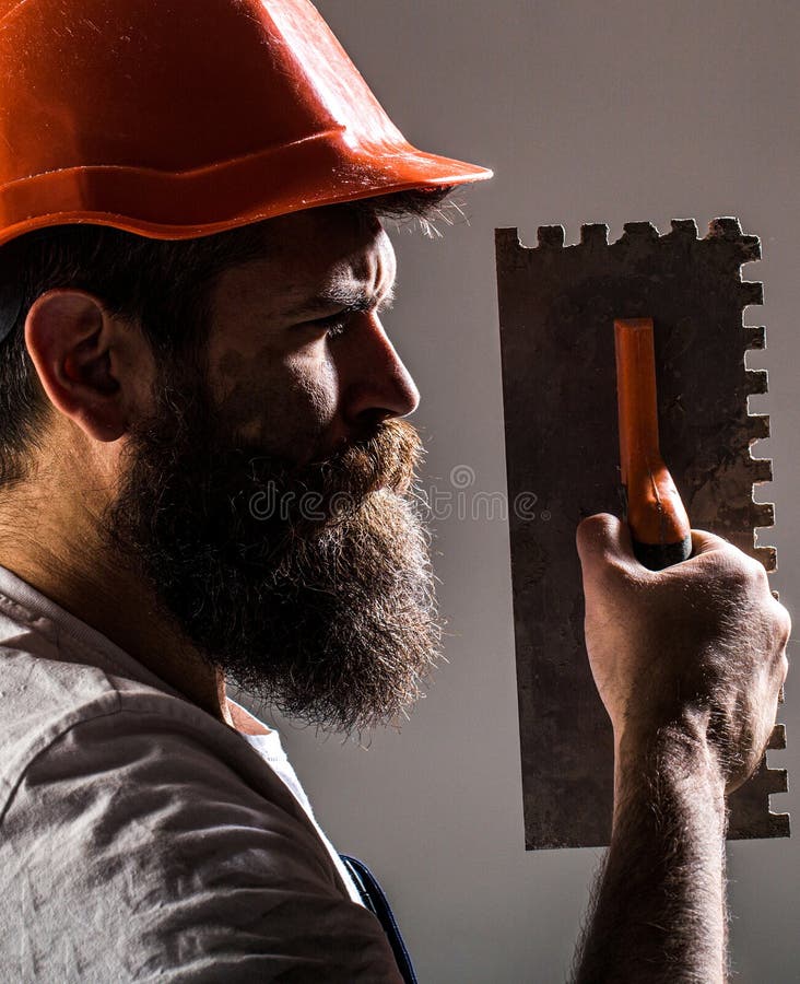 Bearded Man Worker, Beard, Building Helmet, Hard Hat. Plastering Tools ...