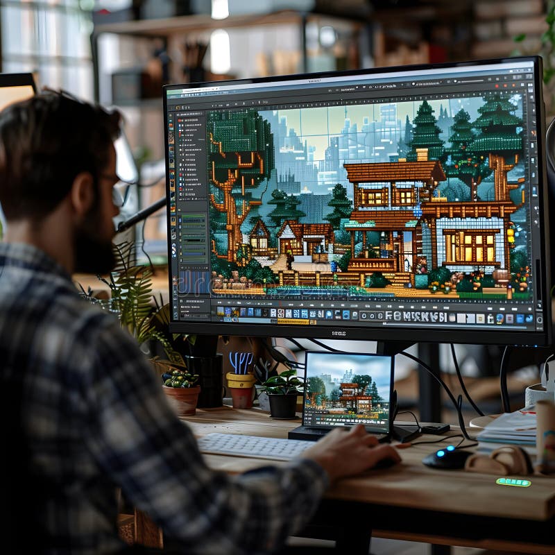 Bearded Man Working on Pixel Art Design on Computer Screen in Brightly ...