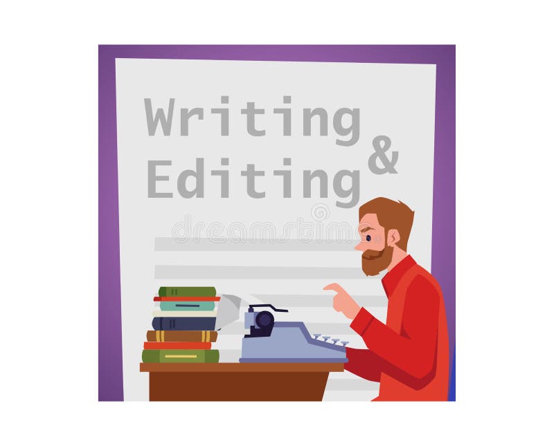 Bearded Man Writes Text on Typewriter Flat Style, Vector Illustration ...