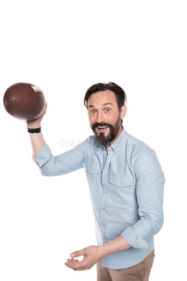 Bearded Middle Aged Man Holding Rugby Ball and Looking at Camera Stock ...