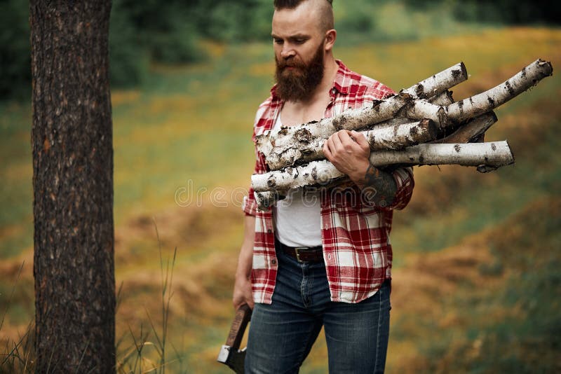 Bearded Man with Firewoods and with Axe on Shoulder Stock Photo - Image ...