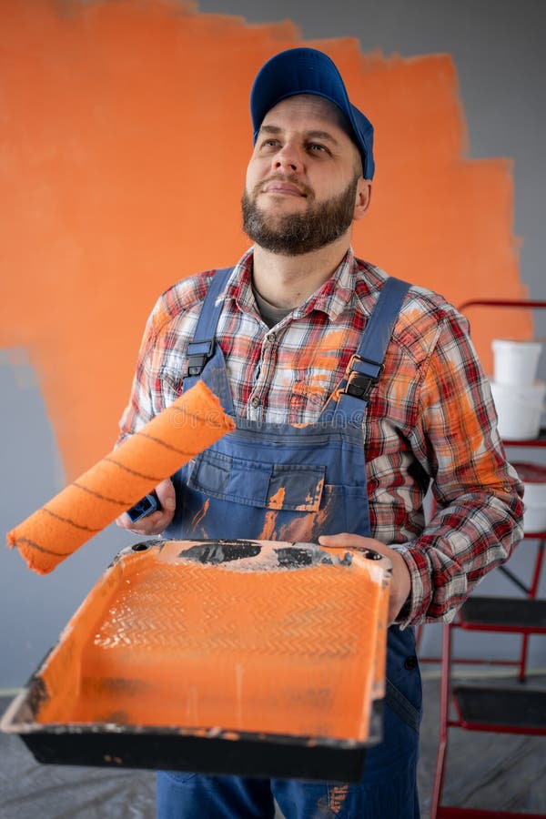 Bearded Painter Man with Painting Roller Thinking an Idea while Looking ...