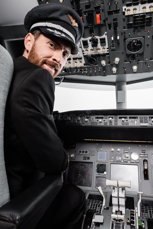 Bearded Pilot in Cap Smiling and Stock Photo - Image of transportation ...