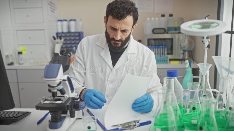 Bearded Scientist Analyzes Samples in Laboratory with Microscope and ...