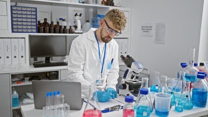 Bearded Scientist in Lab Coat Taking Notes in Modern Laboratory with ...
