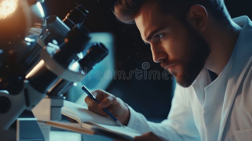 Bearded Scientist Using Microscope and Taking Notes in Dark Lab with ...