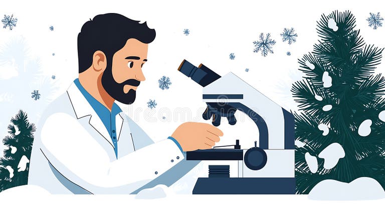 A Bearded Scientist in a White Coat Uses a Microscope in a Winter ...