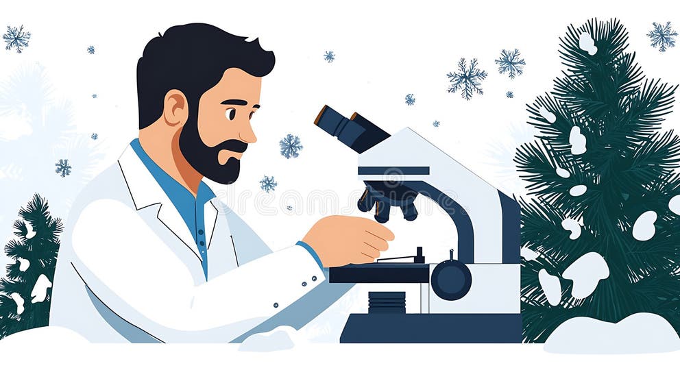 A Bearded Scientist in a White Coat Uses a Microscope in a Winter ...