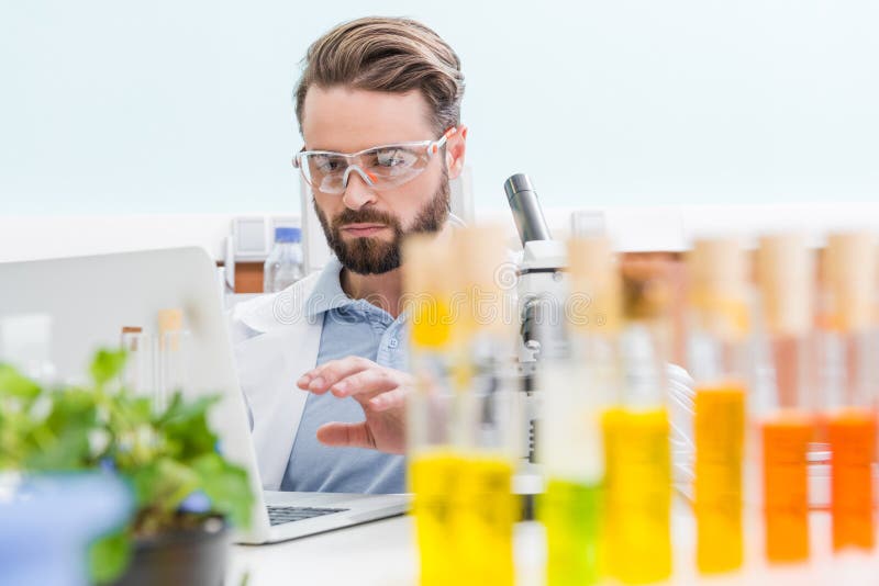 Bearded Scientist Working with Laptop in Laboratory Stock Photo - Image ...