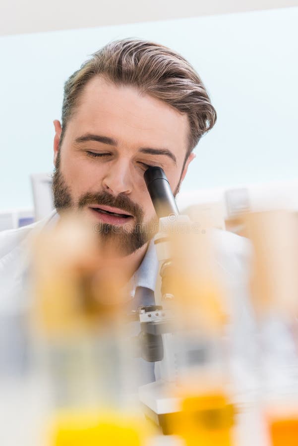 Bearded Scientist Working with Microscope in Laboratory Stock Photo ...