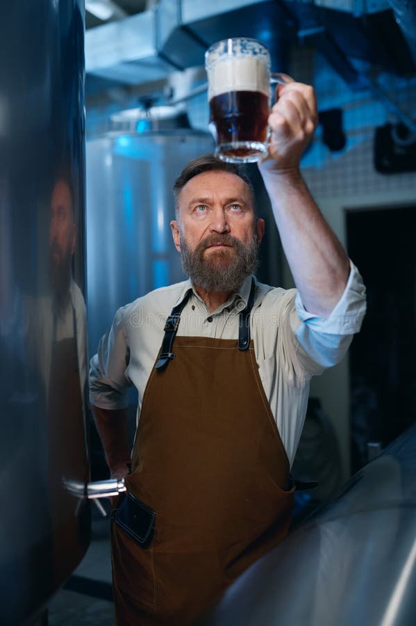 Bearded Senior Brewer Checking Beer Quality during Brewing Technology ...
