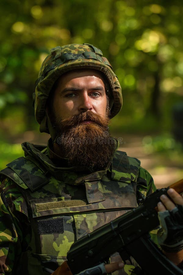 Bearded Soldier in the Forest Stock Image - Image of weapon, guard ...