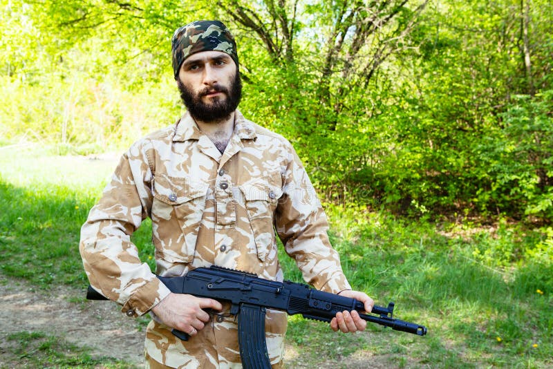 Bearded Soldier with a Rifle in the Woods Stock Image - Image of army ...