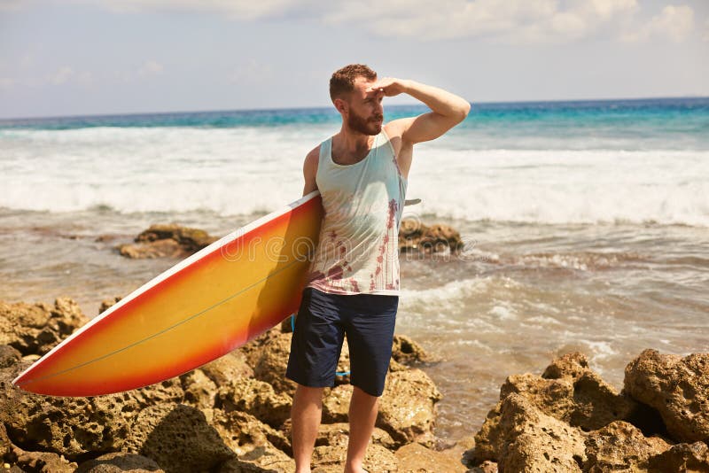 Bearded Surfer on Beach during Sunset Stock Photo - Image of longboard ...