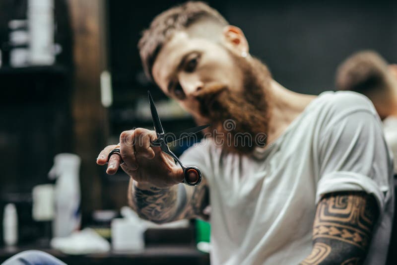 Selective Focus of Sharp Scissors and Barber Opening Them Stock Photo ...