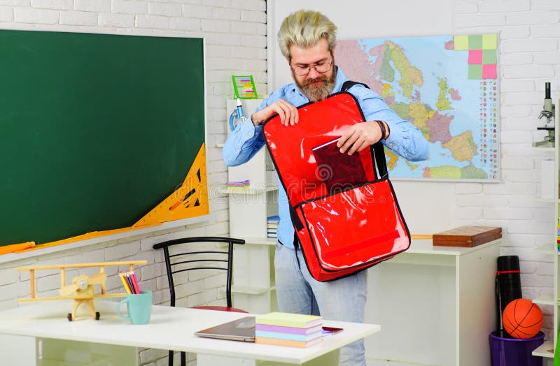 Bearded Teacher or Student with Briefcase in Classroom. Education ...