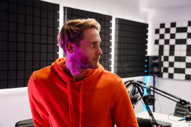 Bearded White Young Man Standing by Radio Workplace in Studio Stock ...
