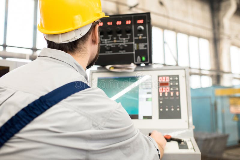 Bearded Worker Operating CNC Machine Stock Image - Image of protective ...
