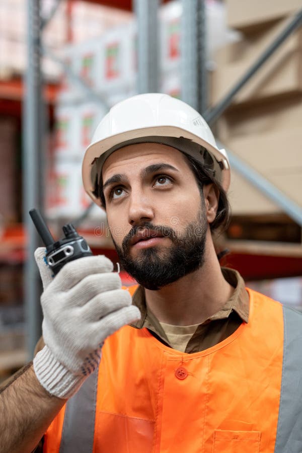 Bearded Worker of Warehouse Using Walkie-talkie Stock Photo - Image of ...