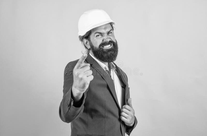 Bearded Worker. You are Next. Happy or Aggressive Mature Architect in ...