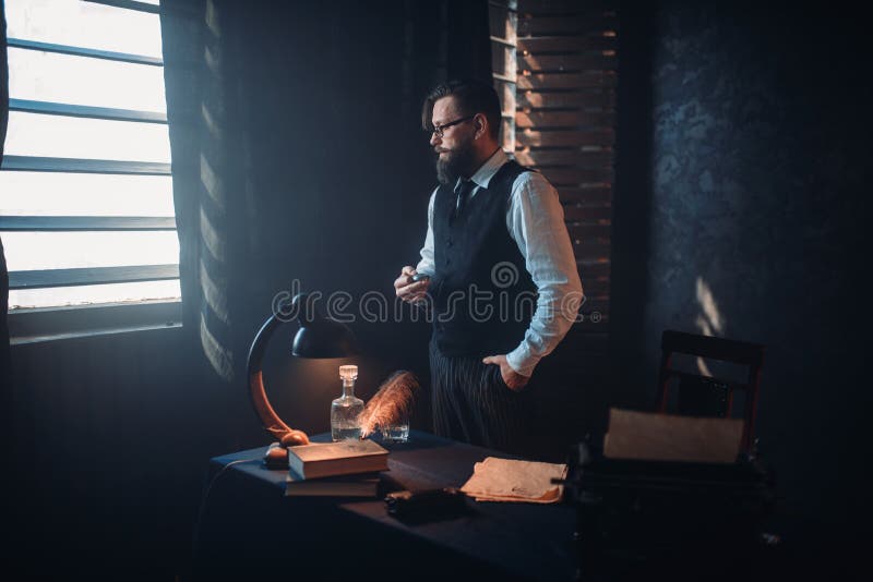 Bearded Writer in Glasses Smoking a Cigarette Stock Image - Image of ...