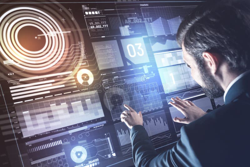 Bearded Young Programmer Touching the Transparent Screen and Thinking ... Bearded Young Programmer Touching the Transparent Screen and Thinking ...