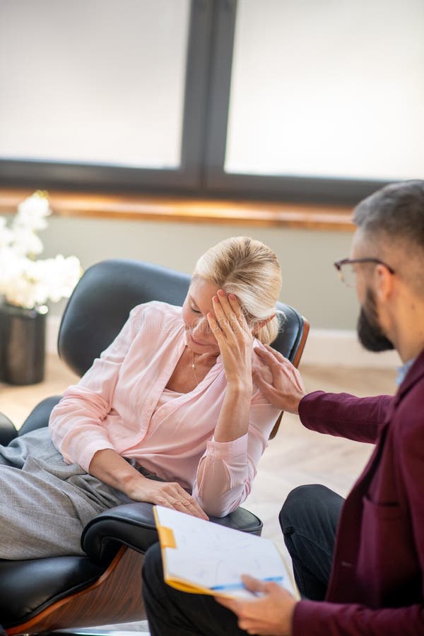 Bearded Young Psychologist Supporting Client during Psychoanalysis ...