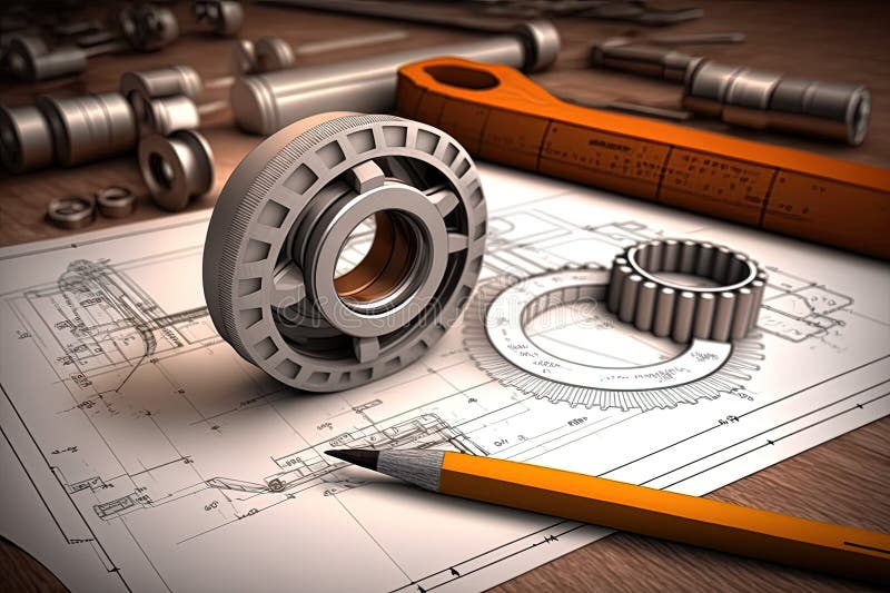 Bearings with Trammel and Pencil on Technical Drawing. Engineeri Stock ...
