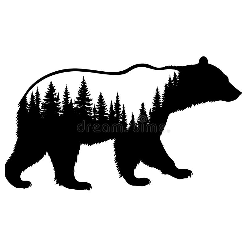 Bear Silhouette with Forest Vector Art in Black on White Background ...