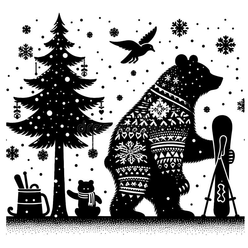 Black and White Christmas Bear Illustration with Snowboard, Winter ...