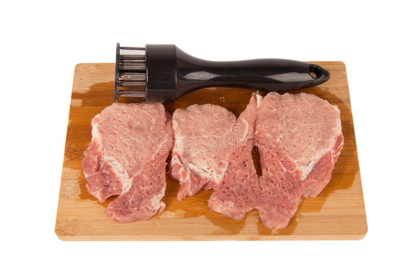 Beat the Meat on a Wooden Board on a White Background Stock Photo ...