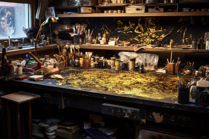Beaten Gold Foil on an Artisans Workbench Stock Image - Image of ...