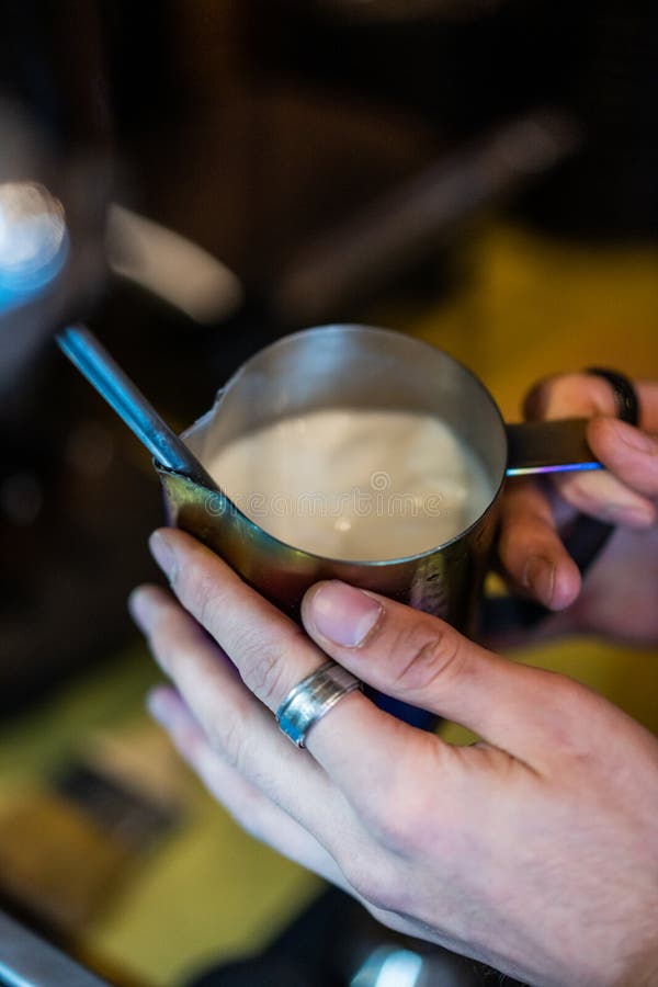 Beating of Milk in Milk Seller at the Espresso Steamer Stock Photo ...