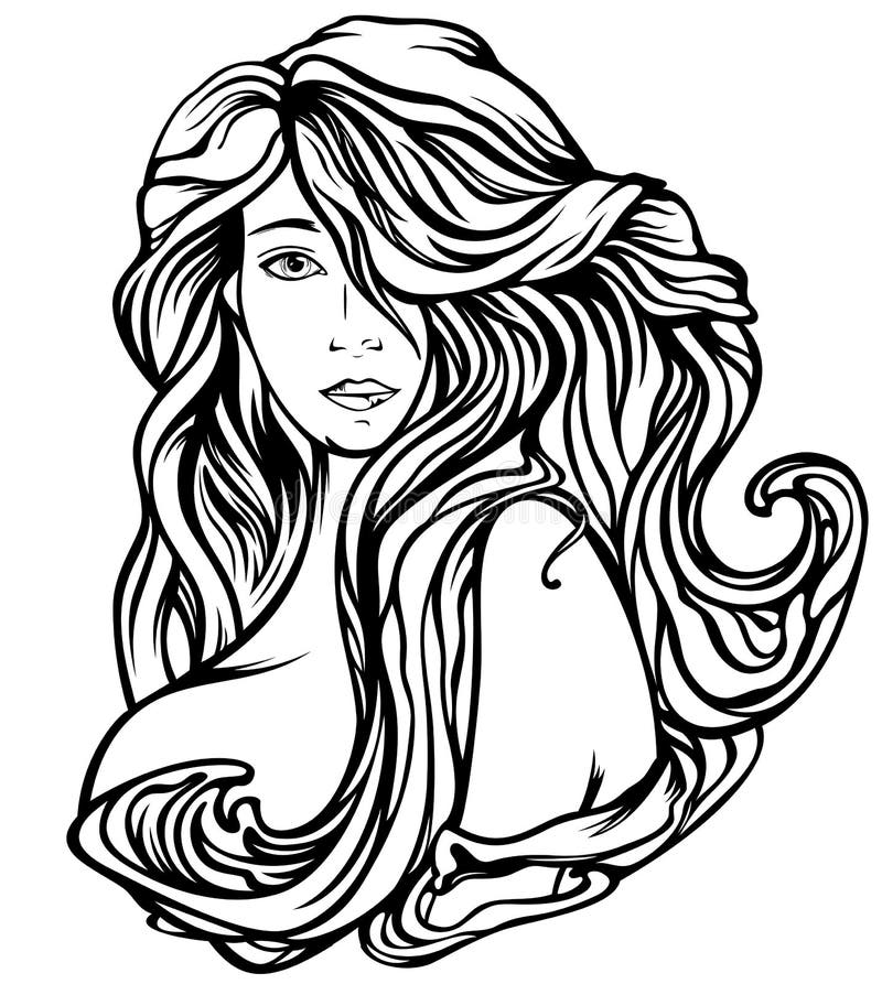 Dessin Monochrome De Jeune Long De Cheveux Ensemble De Femme