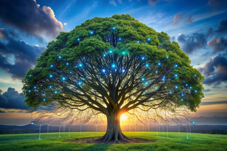 A Beautiful Abstract Concept of a Tree with Glowing Data Network Branches, Representing the ...