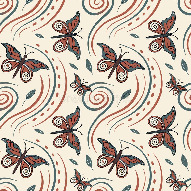 Beautiful Abstract Seamless Pattern with Butterflies and Flowing ...