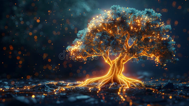 Abstract Glowing Tree with Neon Lines and Nodes in Night Forest Stock ...