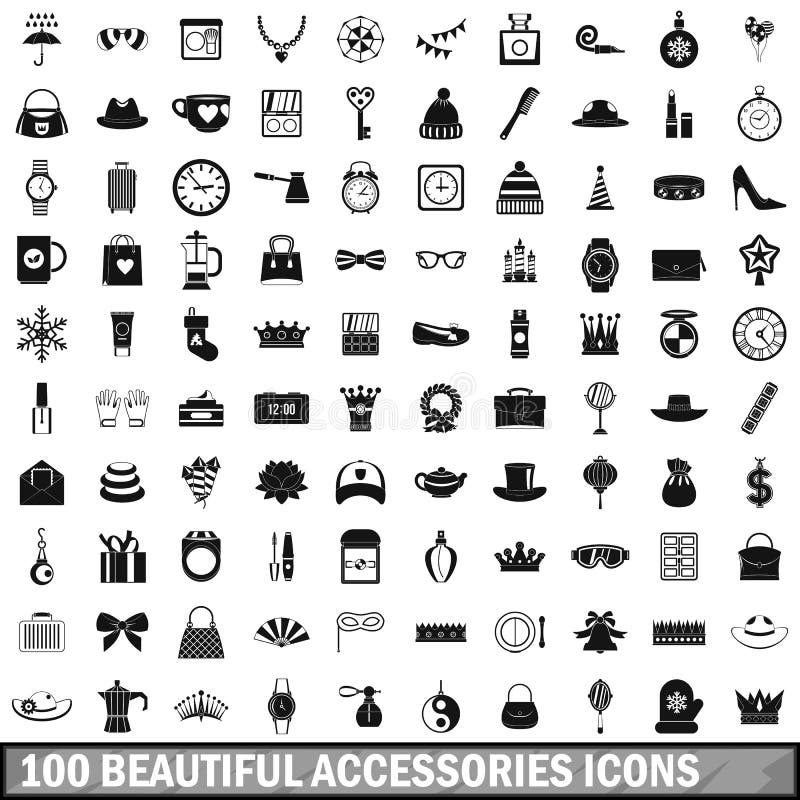 100 Beautiful Accessories Icons Set, Simple Style Stock Vector ...