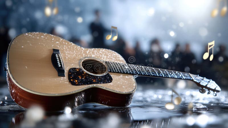 A Beautiful Acoustic Guitar Lays on a Wet Surface, Catching Reflections ...
