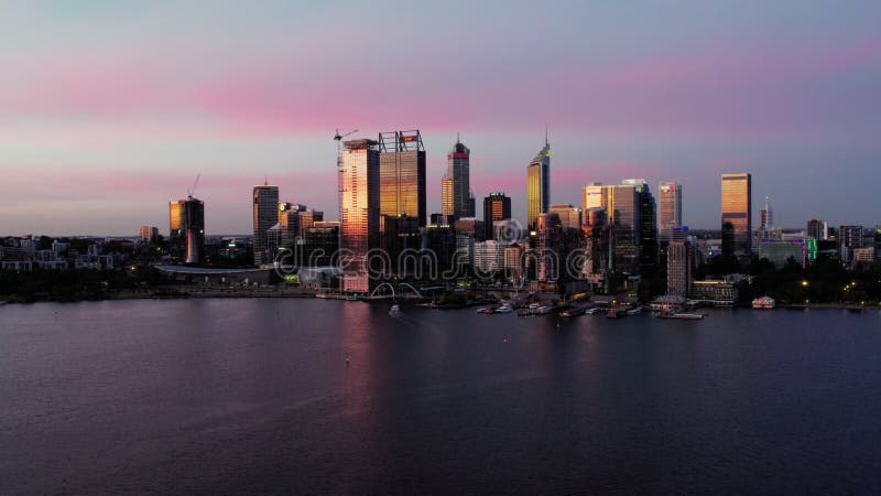Aerial View of Perth Skyline at Sunset with Pink Clouds Stock Video ...