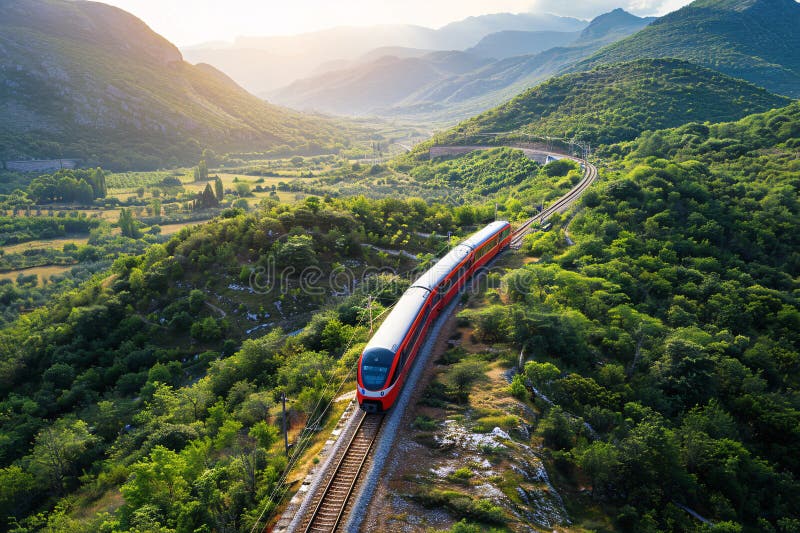Beautiful Aerial View of Train on the Mountain Railroad Stock ...