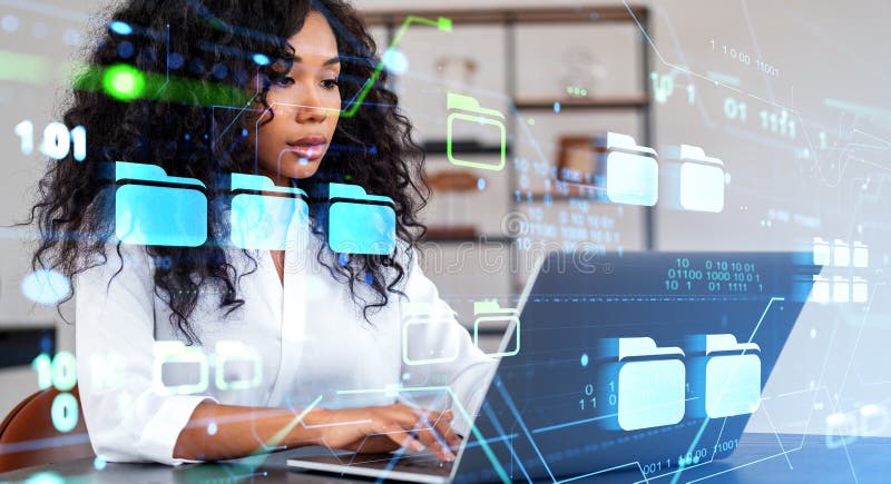 African Woman with Laptop Using DMS Interface Stock Photo - Image of ...