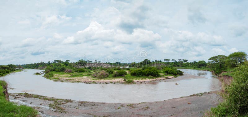 Beautiful African Landscape with River and Palm Trees and Blue Sky ...