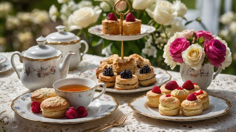 A Beautiful Afternoon Tea Setup Featuring Scones, Pastries, Tea, and ...