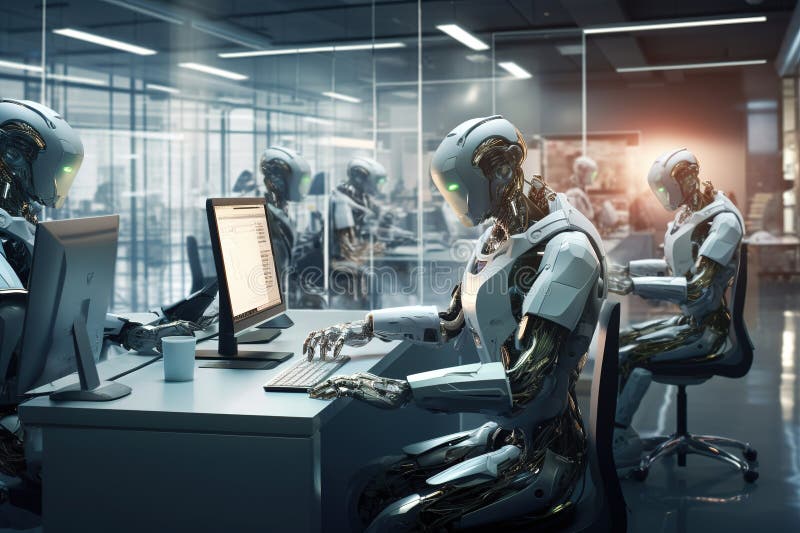 AI Robots Using Multiple Computers Working Monitoring Data in Office Generative AI Stock ...