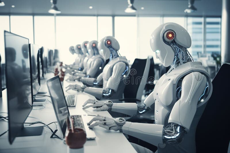 Ai Robots Using Multiple Computers Working Monitoring Data In Office Generative Ai Stock